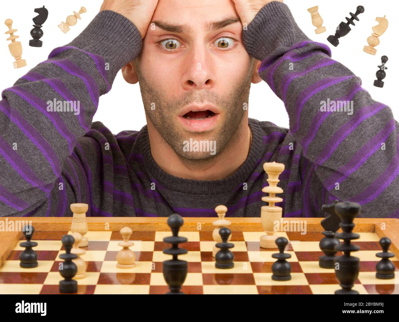 Chessboard with desperate man thinking about chess strategy, isolated ...