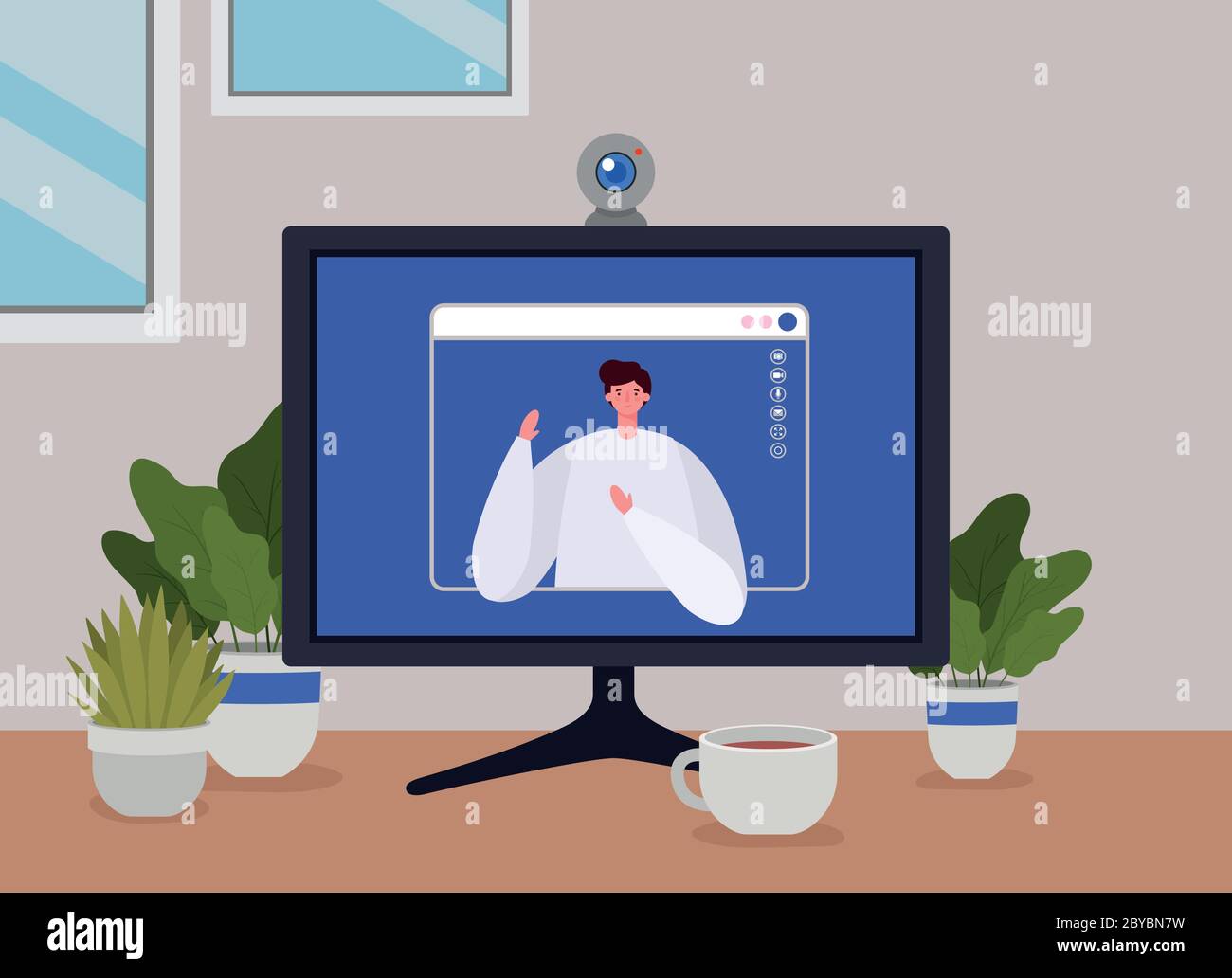 Man avatar on computer in video chat design, Call online conference and ...