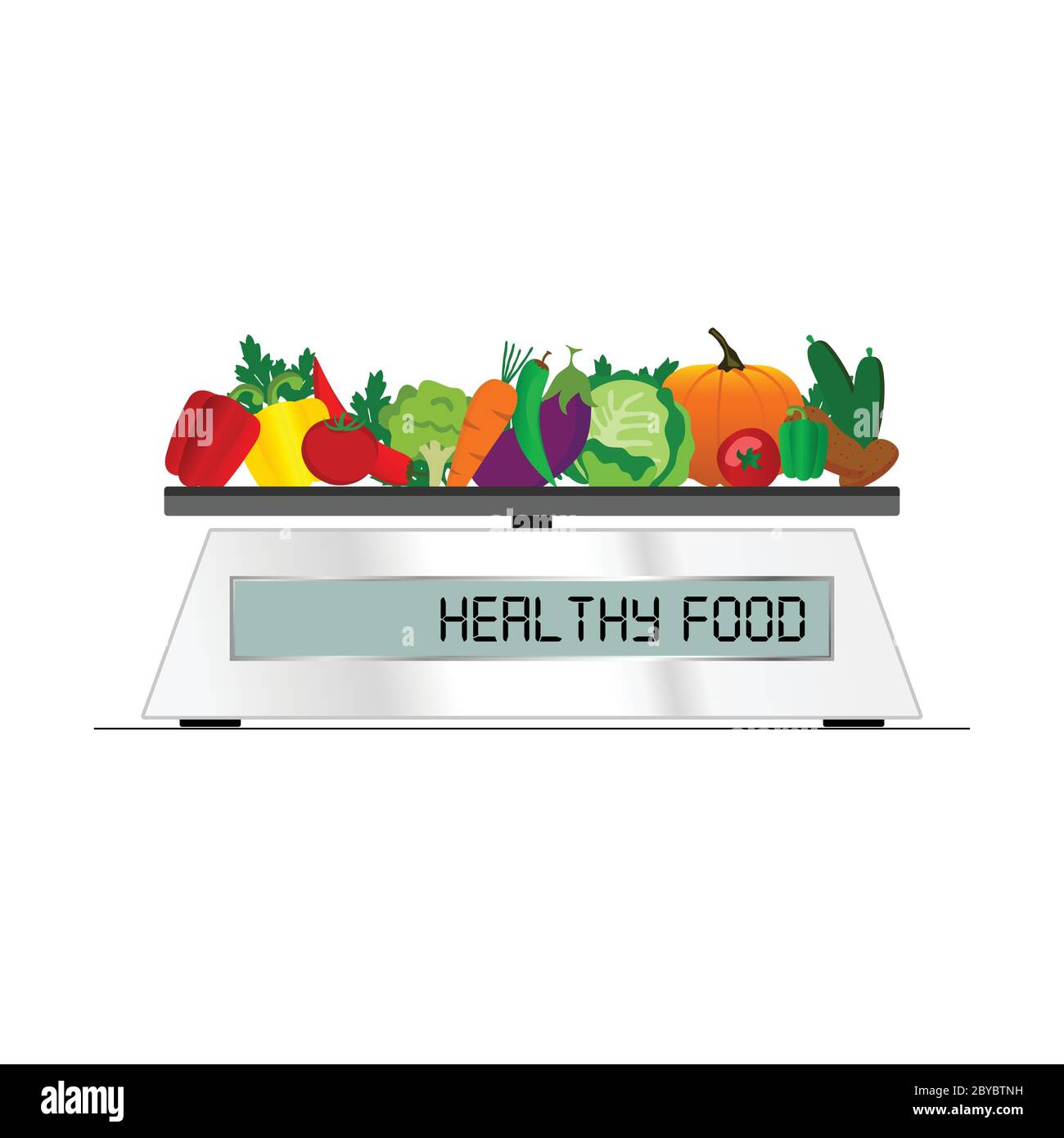 fruit and vegetable on scales for food illustration in colorful Stock ...