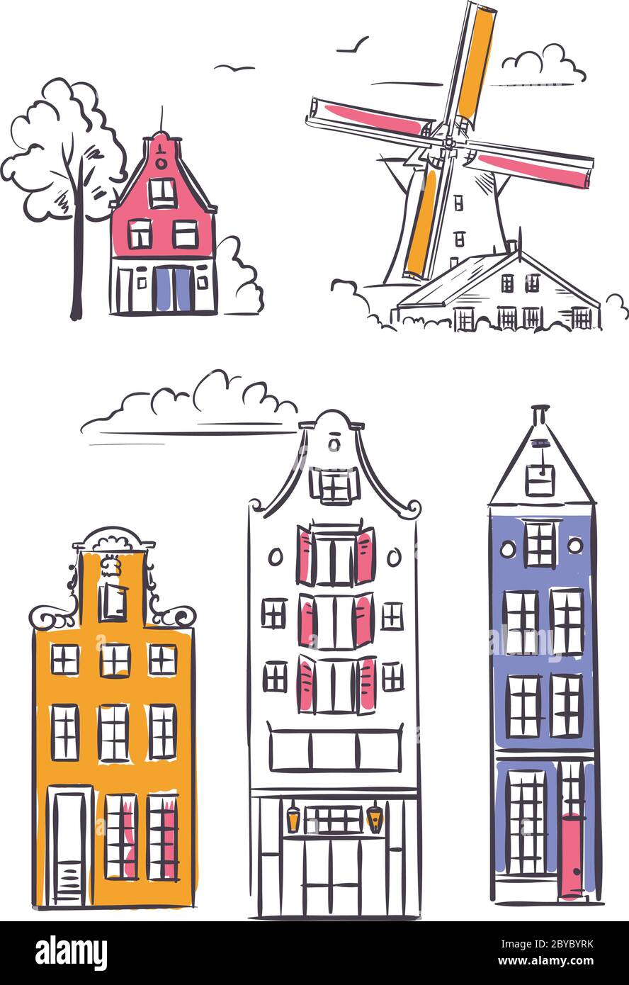 Amsterdam houses and windmill in sketchy style Stock Vector Image & Art ...