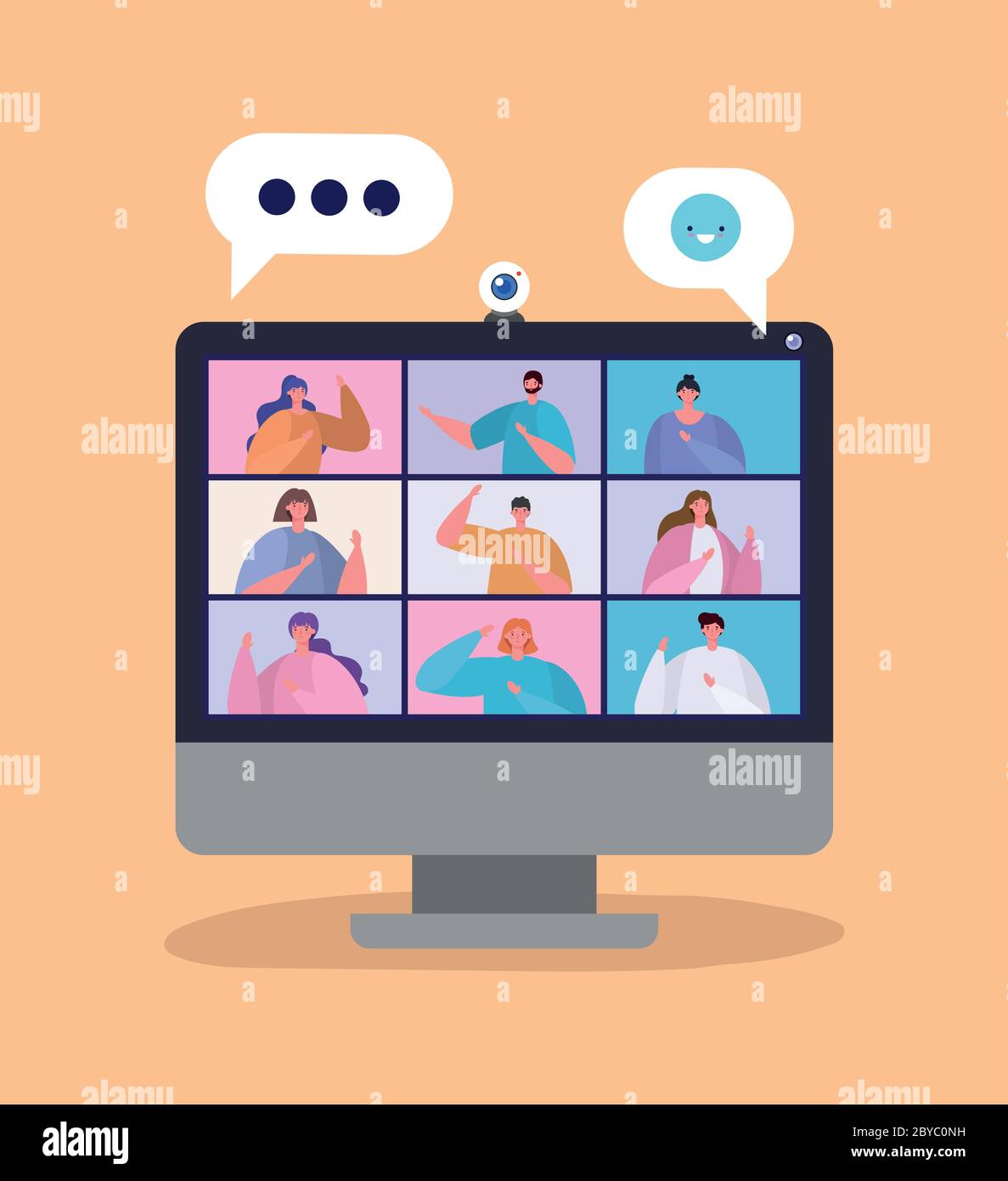 People avatars on computer in video chat with bubbles design, Call ...