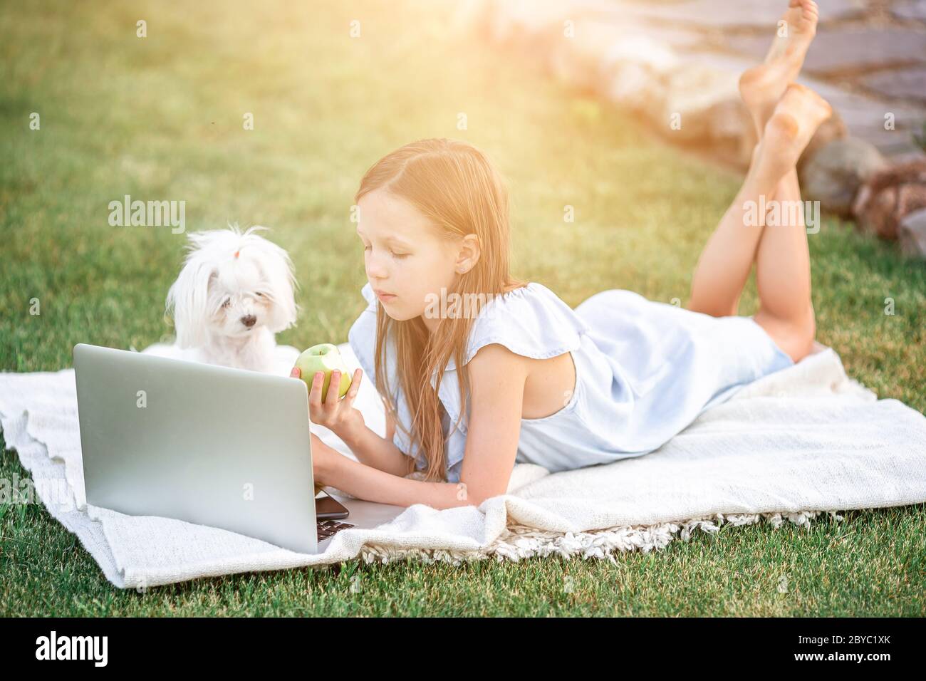 Little girl outdoors in the park with computer Stock Photo - Alamy