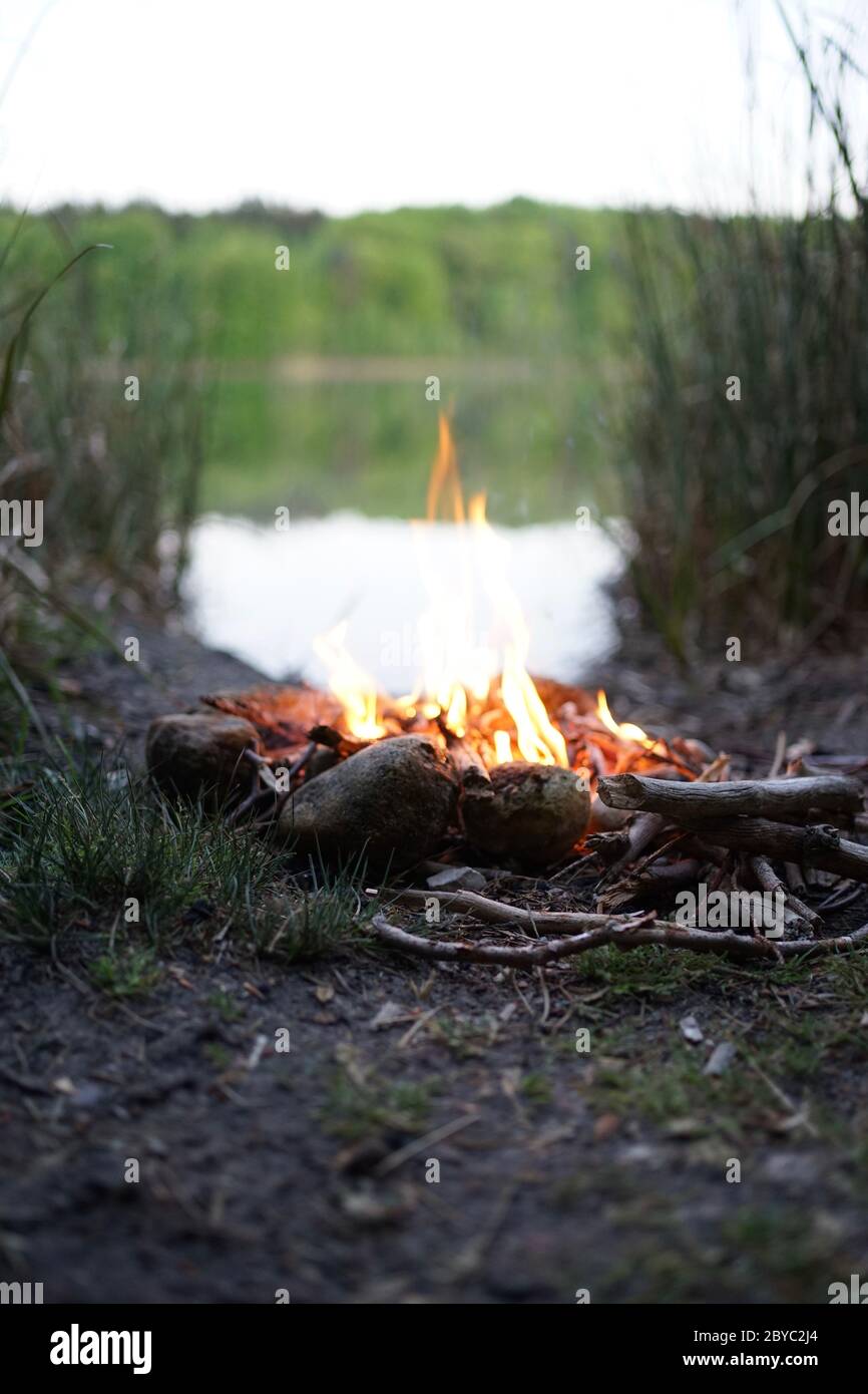 Bonfire at lake campsite at dusk Stock Photo - Alamy