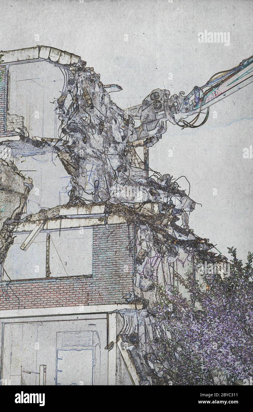 Drawing of the destruction of a block of flats Stock Photo - Alamy