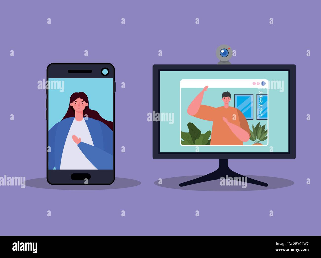 Woman and man avatar on smartphone and computer in video chat design ...