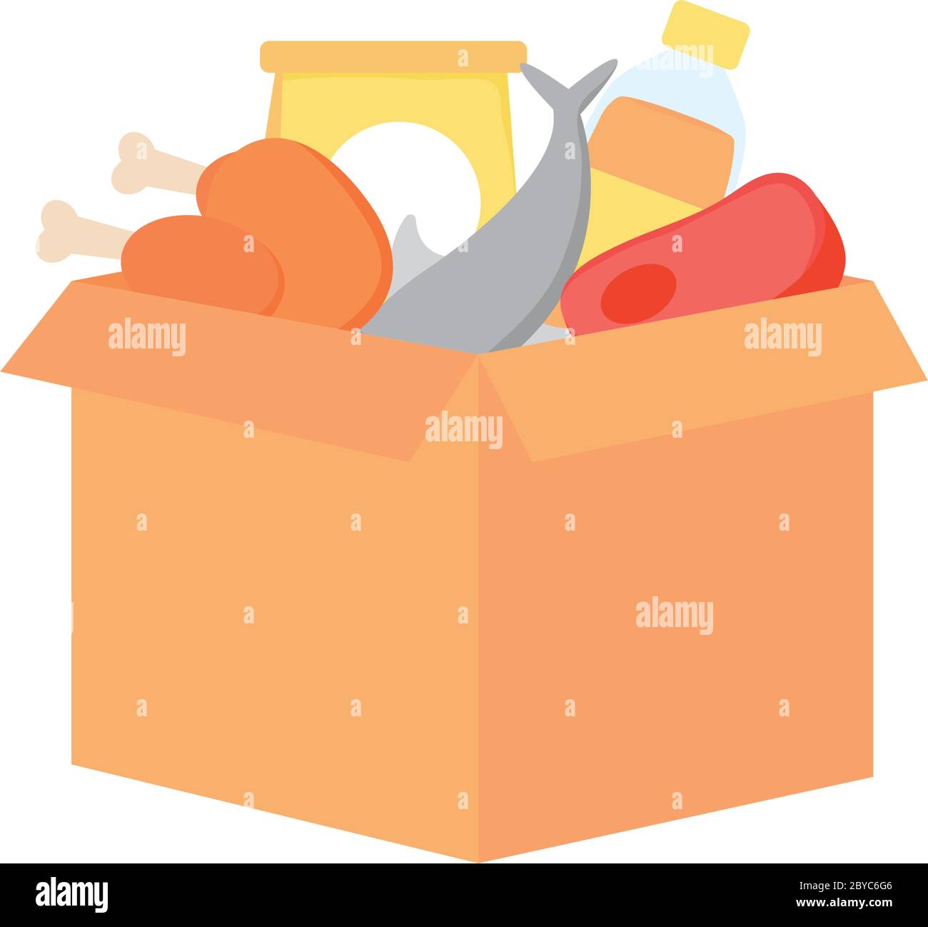 box with grocery products and food over white background, detailed ...