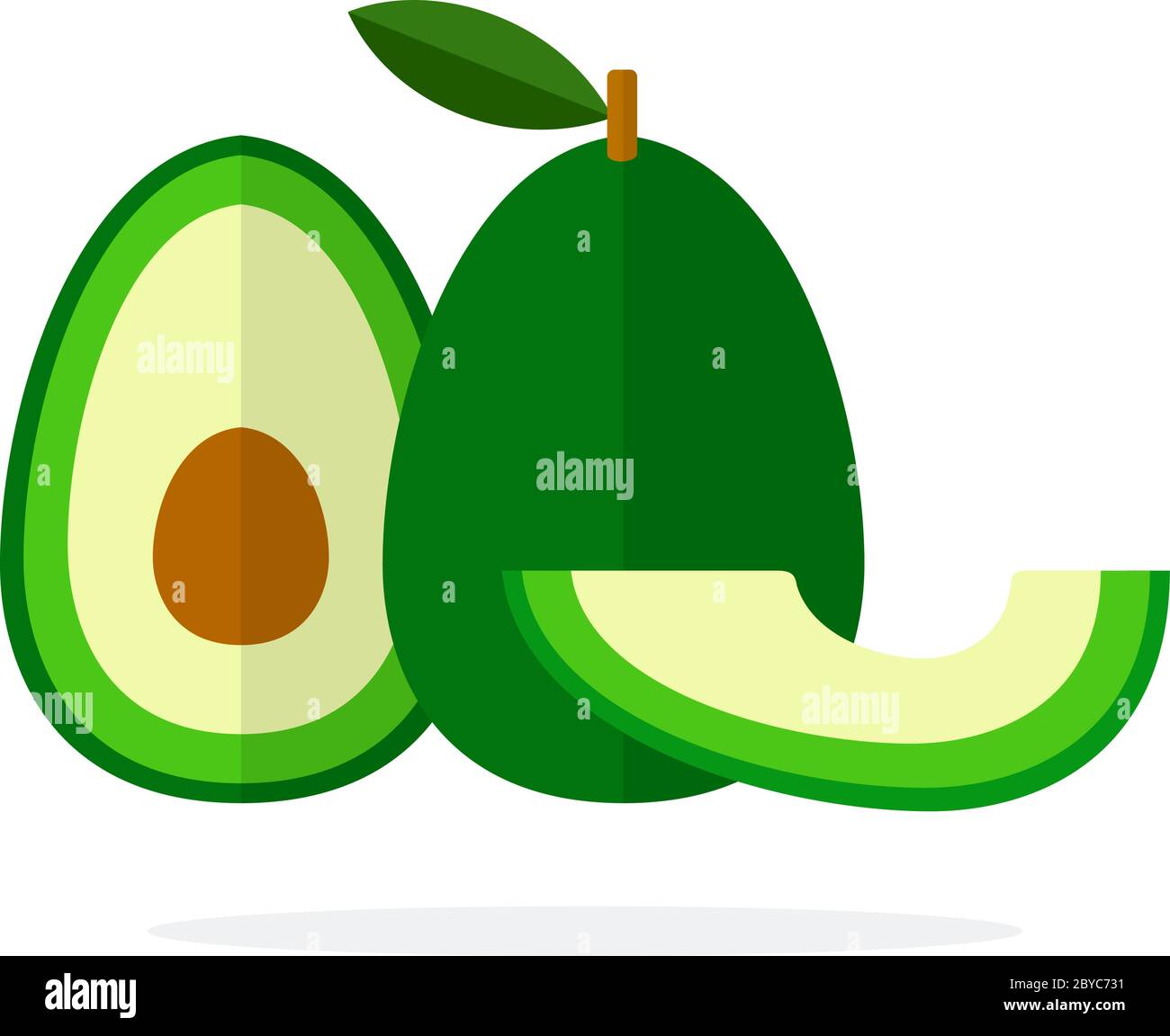 Whole avocado vertical, half avocado with bone and avocado segment flat ...