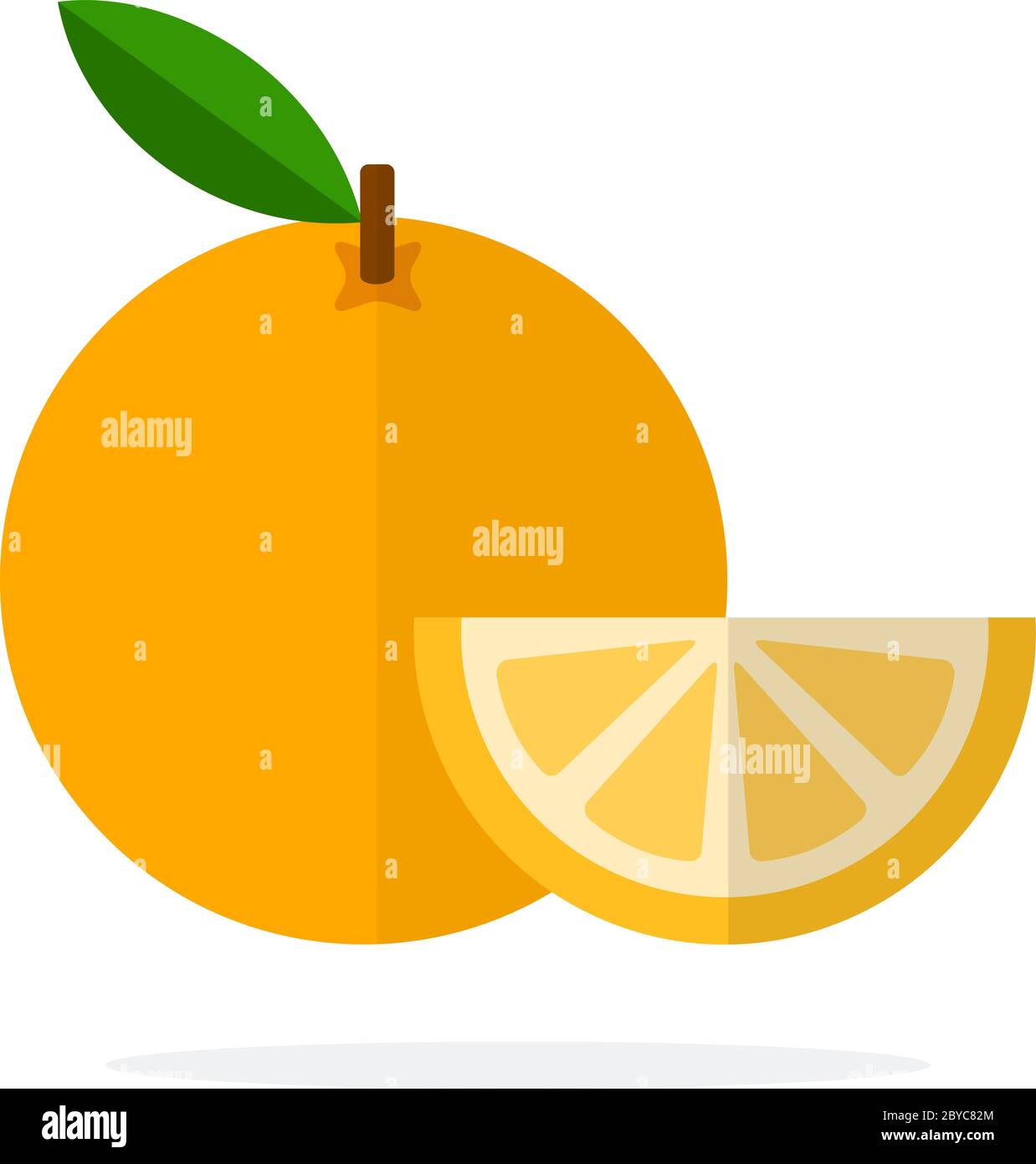 Orange with a stem and leaf and segment of orange flat isolated Stock ...
