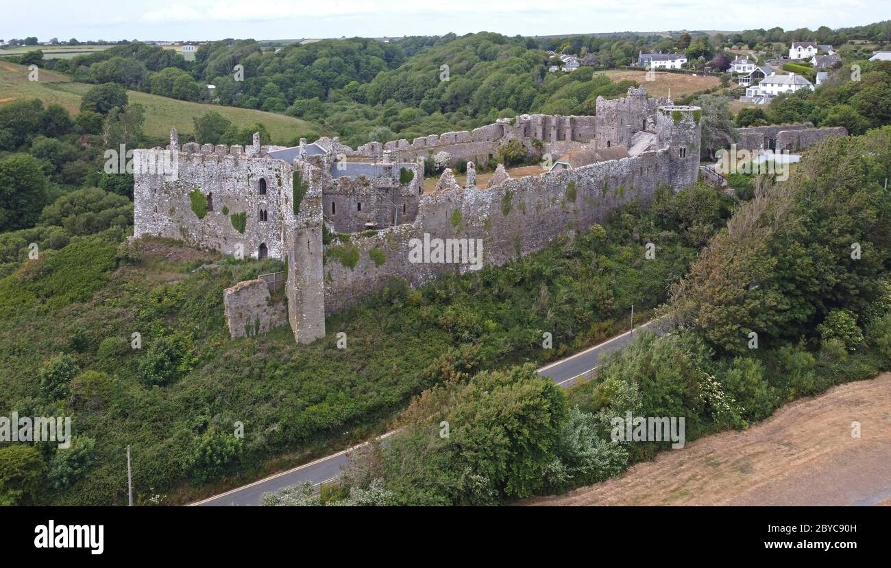 Aerial view of Manorbier Castle, Pembrokeshire Wales UK Stock Photo - Alamy