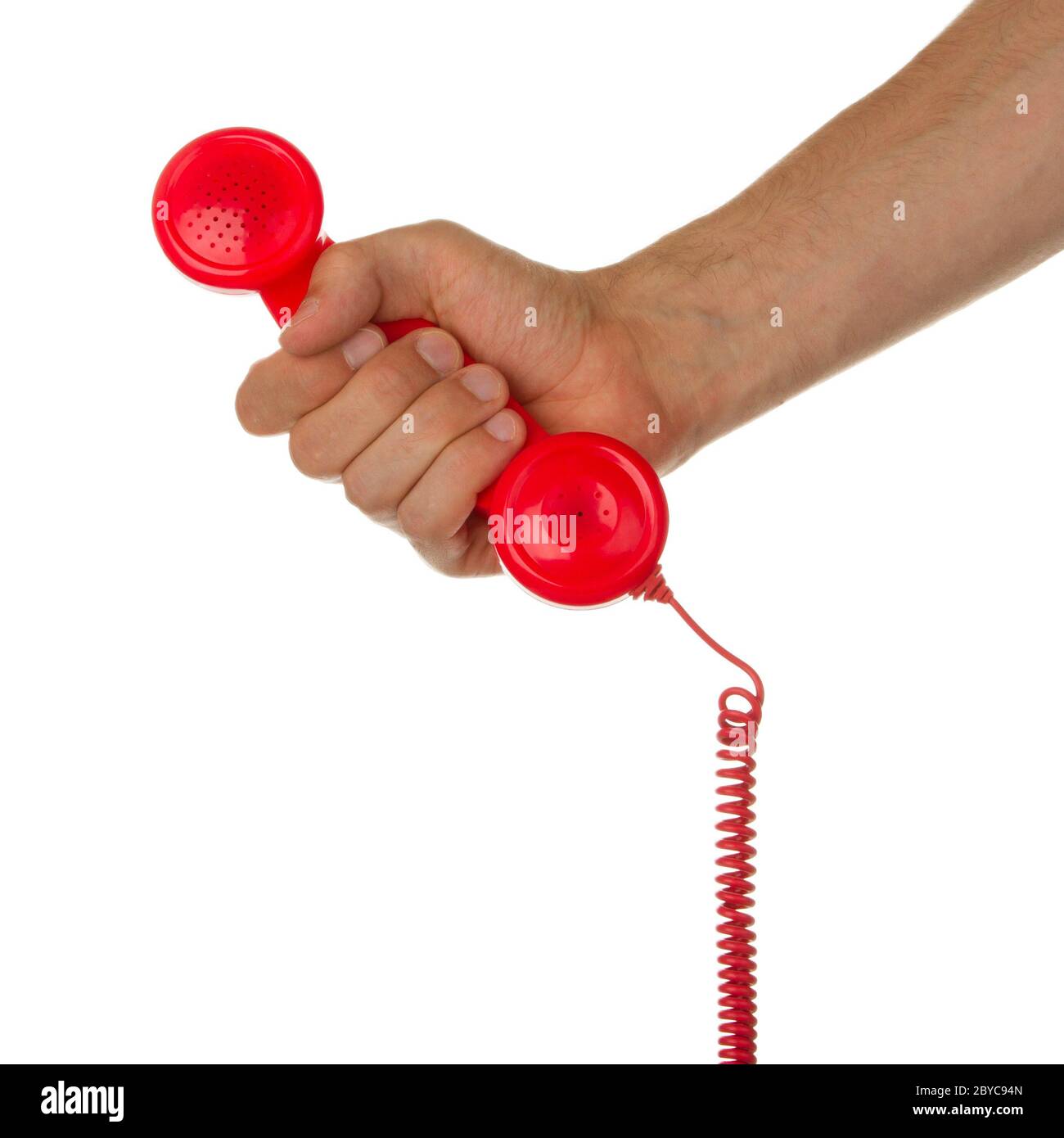 Man holding a red telephone Stock Photo - Alamy