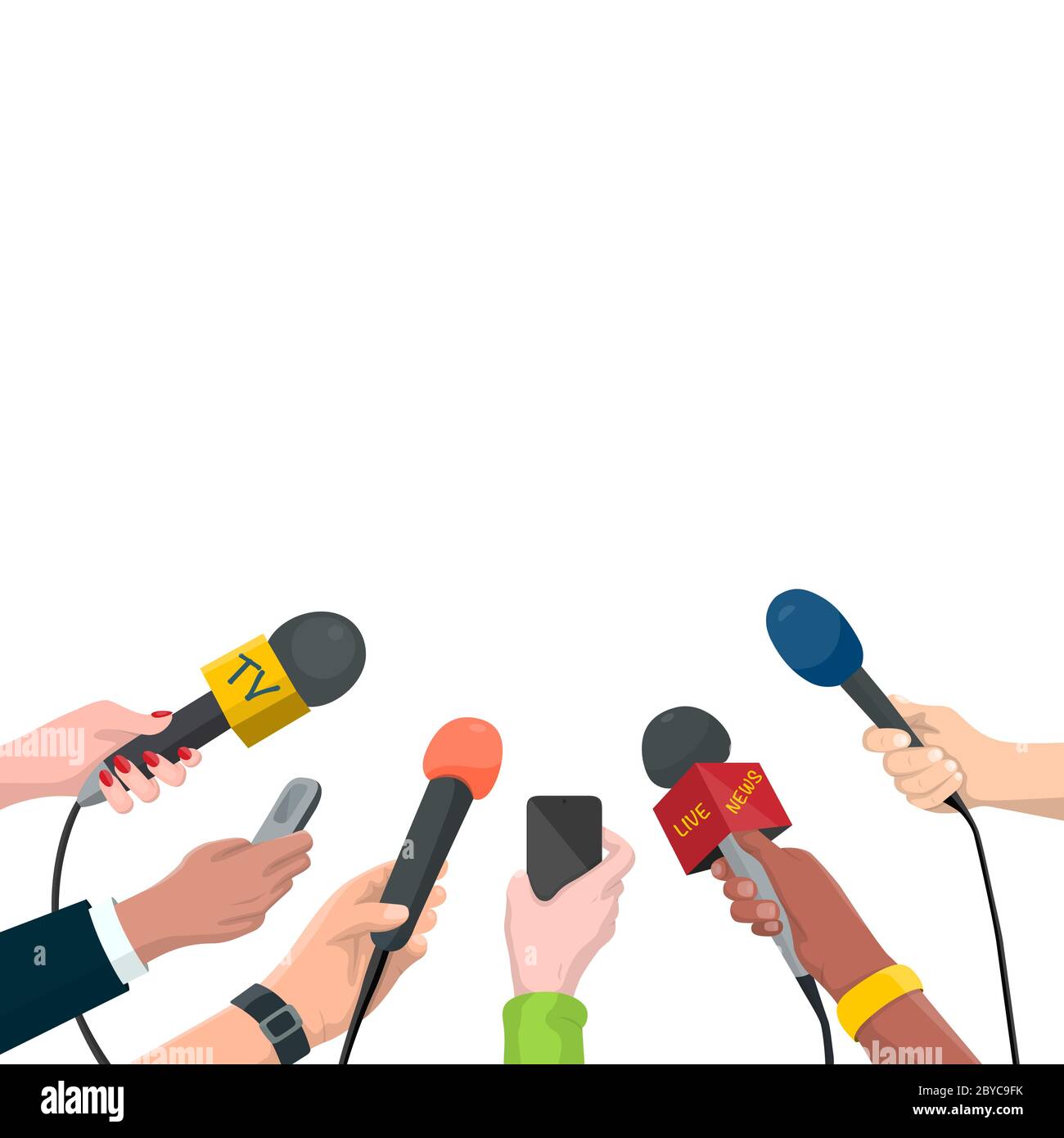 Journalism Concept Vector Illustration in Cartoon Style. Set of Hands Holding Microphones and ...