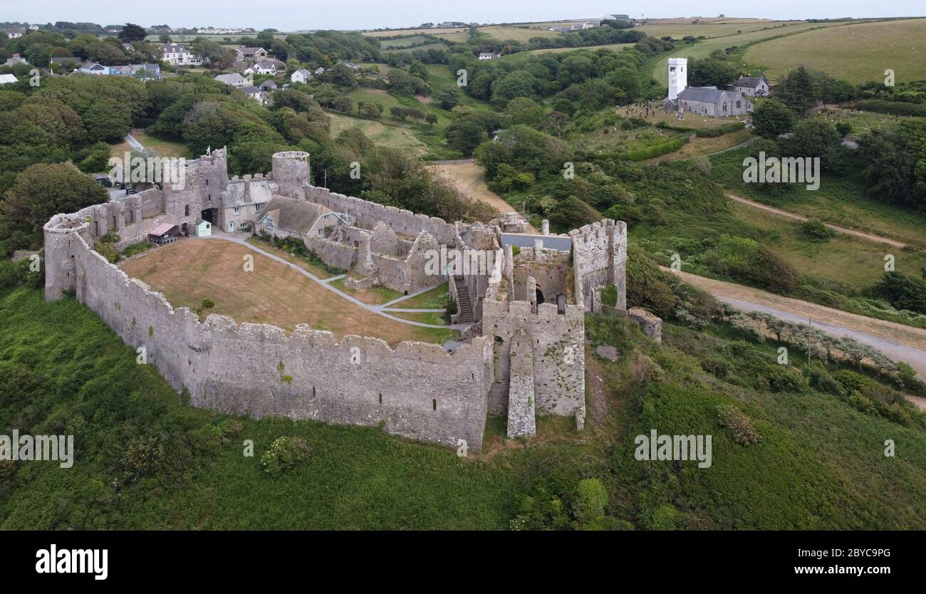 Aerial view of Manorbier Castle, Pembrokeshire Wales UK Stock Photo - Alamy