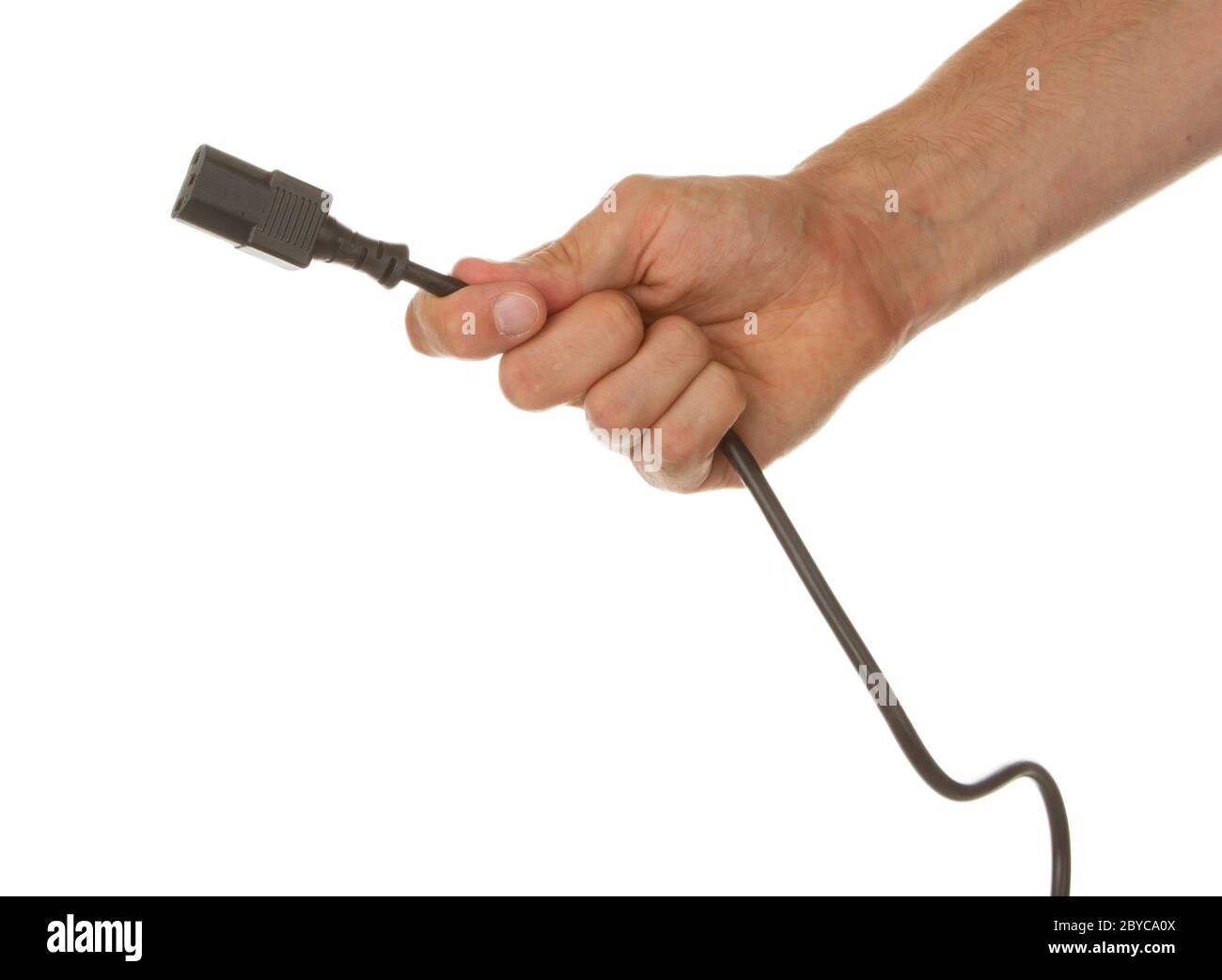 Man is holding a black outlet in the hand isolated Stock Photo - Alamy