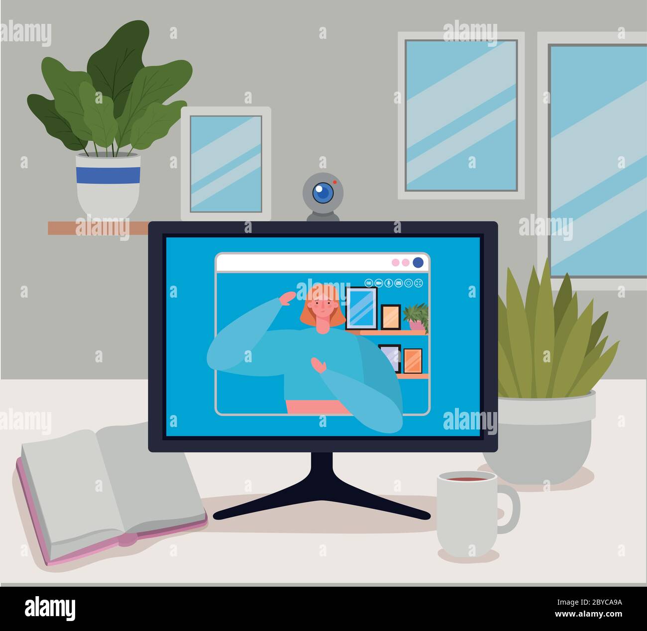 Woman avatar on computer in video chat design, Call online conference ...