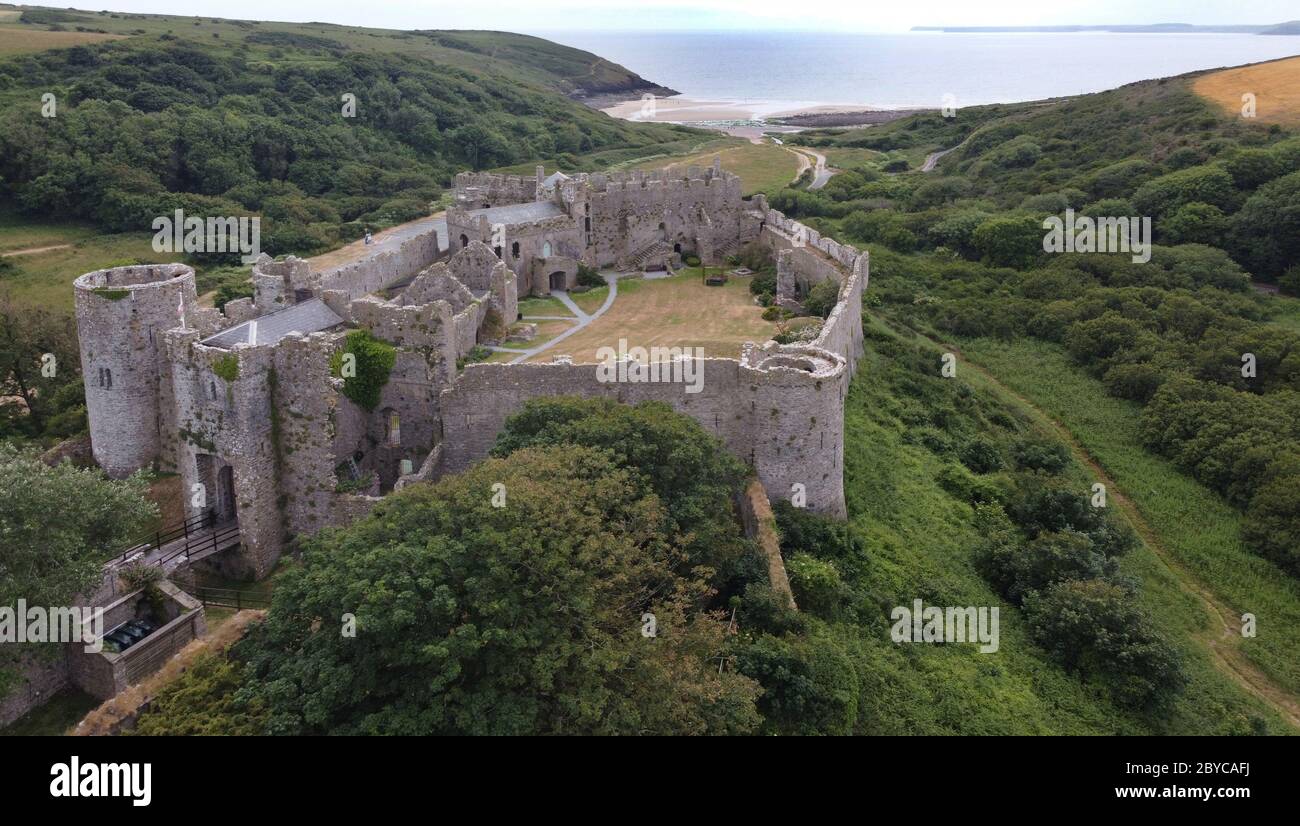 Aerial view of Manorbier Castle, Pembrokeshire Wales UK Stock Photo - Alamy