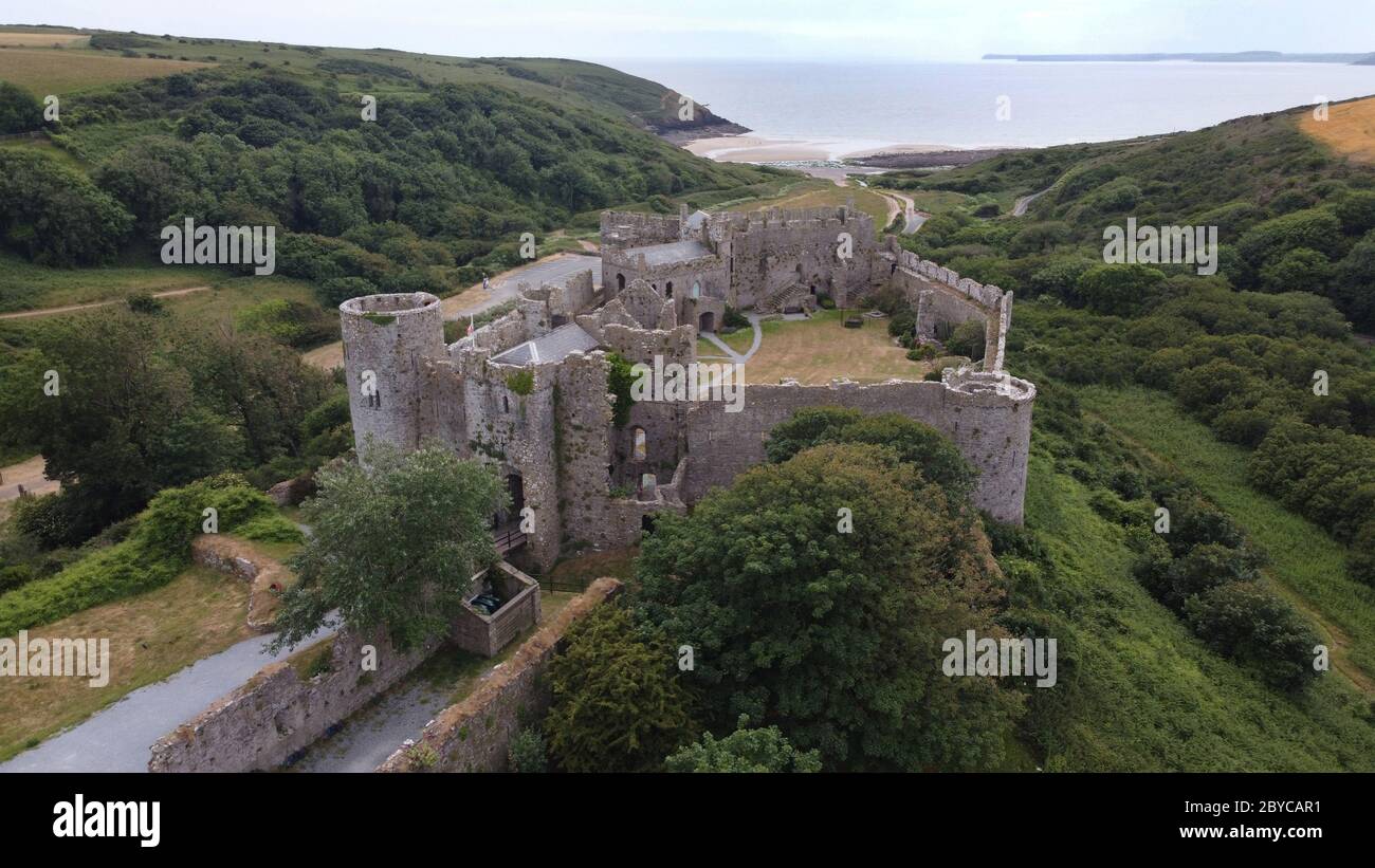 Aerial view of Manorbier Castle, Pembrokeshire Wales UK Stock Photo - Alamy