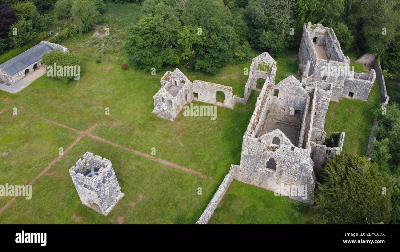 Aerial view of Lamphey Bishops's Palace ruines, Lamphey, Pembrokeshire ...