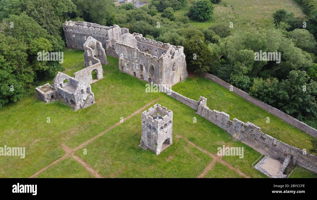 Aerial view of Lamphey Bishops's Palace ruines, Lamphey, Pembrokeshire ...