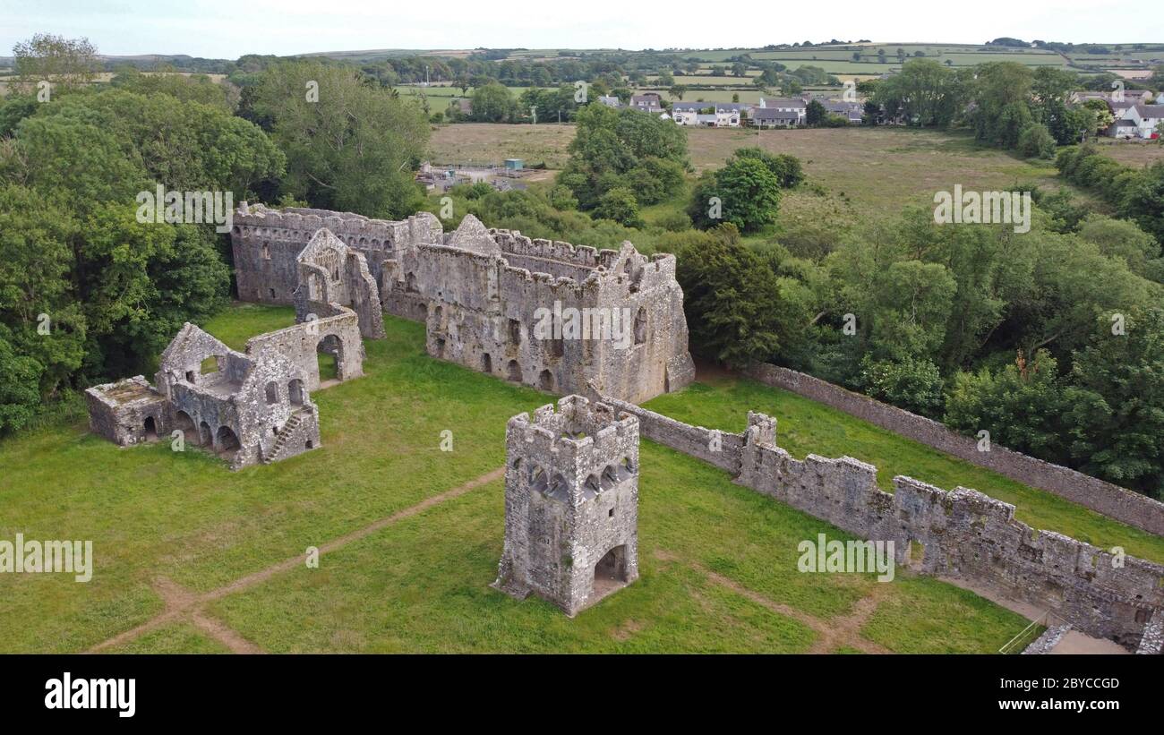 Aerial view of Lamphey Bishops's Palace ruines, Lamphey, Pembrokeshire ...