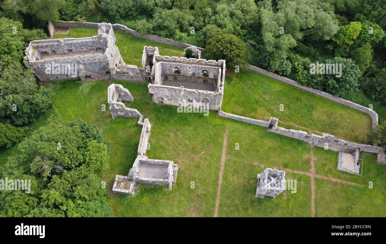 Aerial view of Lamphey Bishops's Palace ruines, Lamphey, Pembrokeshire ...