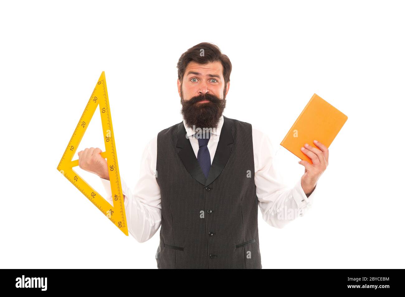 Make geometry interesting. School teacher hold book and triangle ...