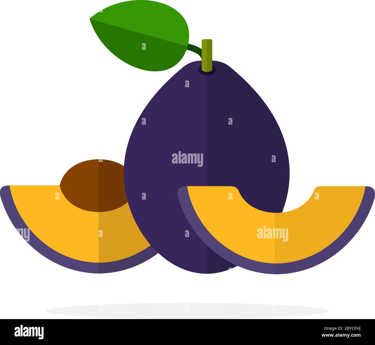 The whole plum with a leaf and a slice of plum with a stone flat ...