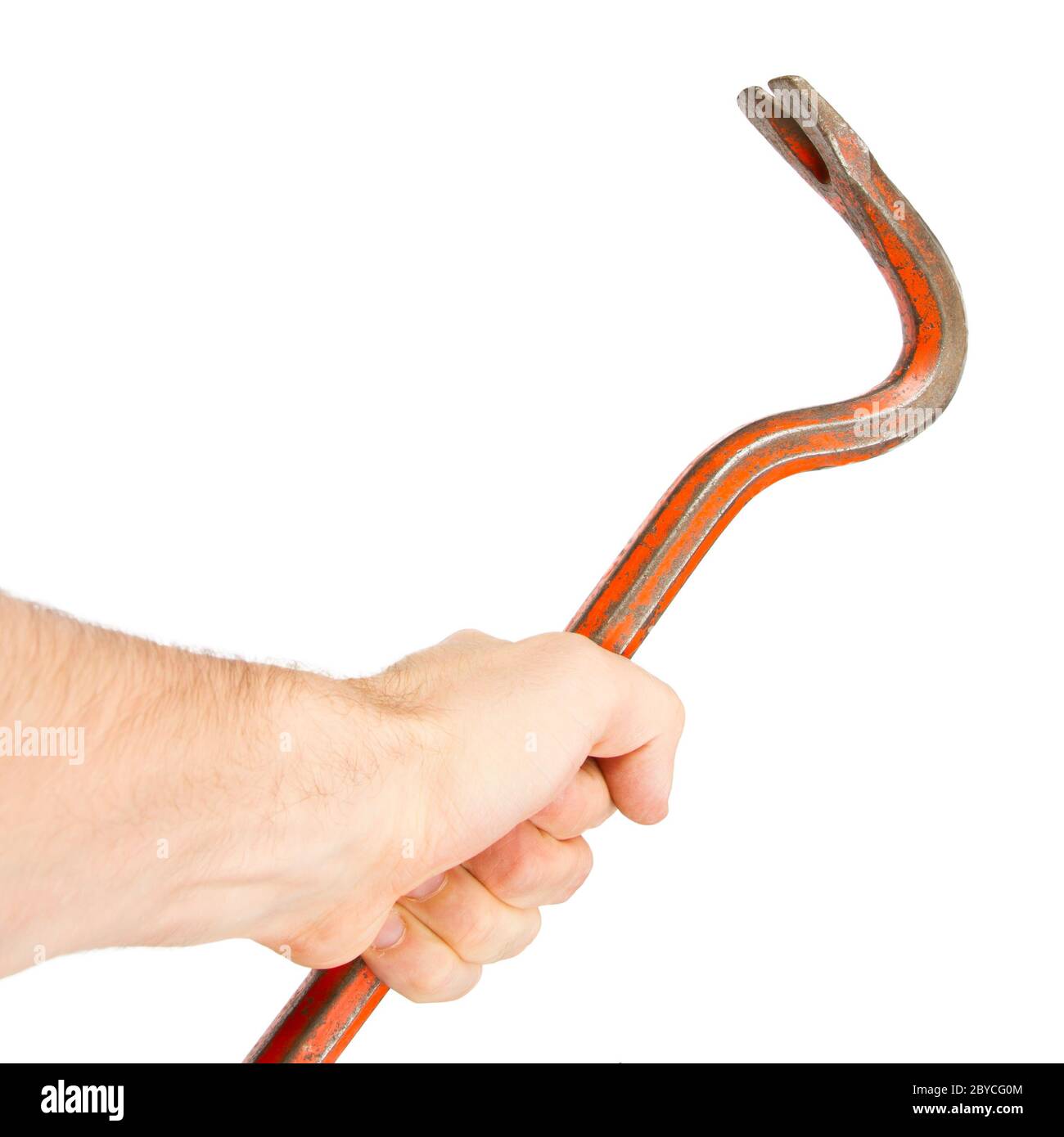 Hand holding old red crowbar Stock Photo - Alamy