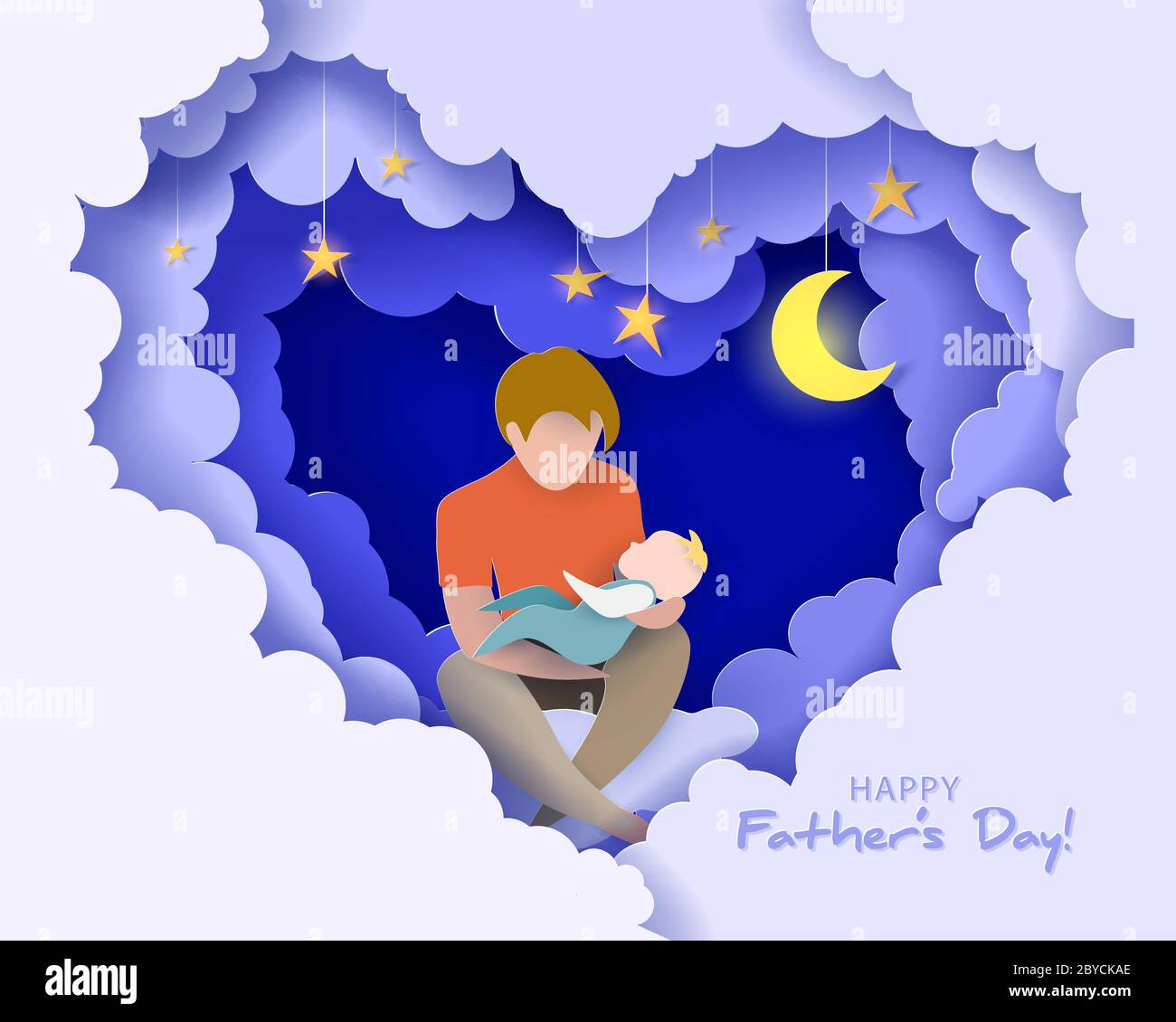 Young man with his baby dreaming at the night. Happy fathers day card ...