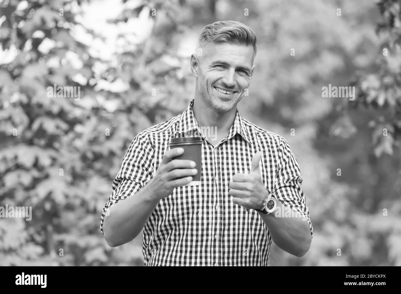 Coffee is my best friend. Happy man give thumbs up drinking coffee ...
