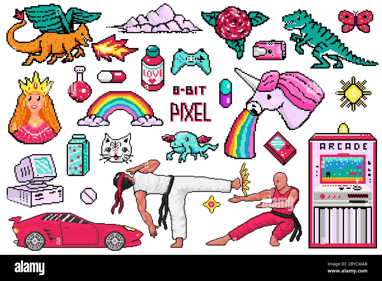 Pixel art 8 bit objects. Retro digital game assets. Set of Pink fashion ...