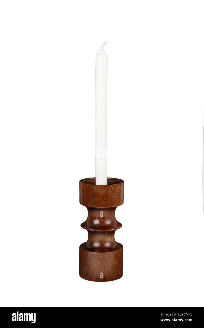 Old antique wooden candlestick candleholder with vintage candle Stock ...