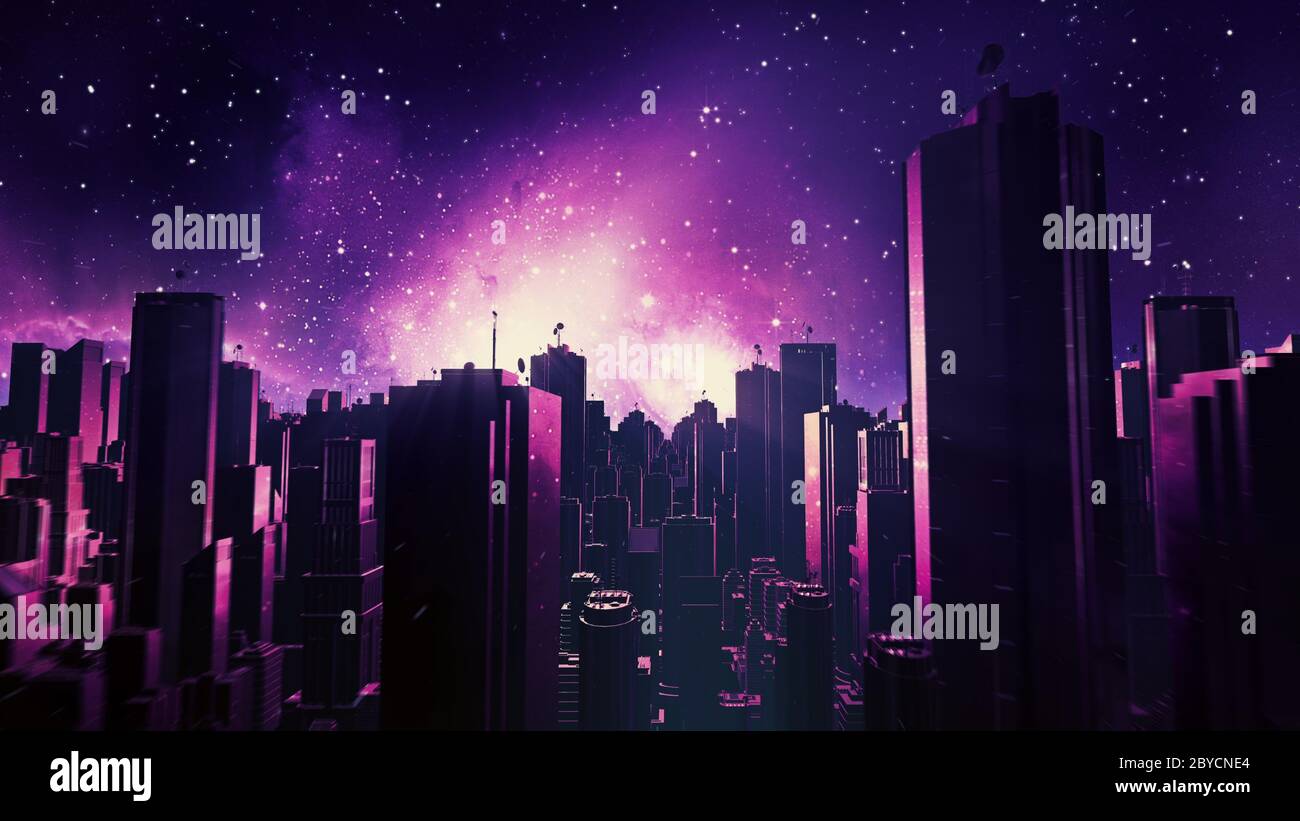 Retro futuristic city flythrough background. 80s sci-fi landscape in ...