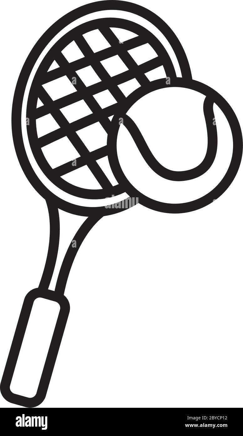 tennis ball and racket icon over white background, line style, vector ...