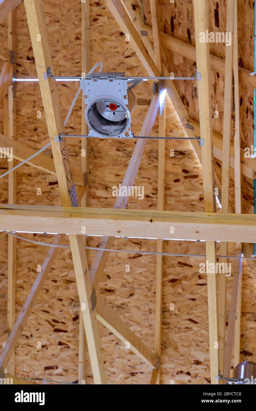 Wooden beams ceiling framed building under construction interior ...