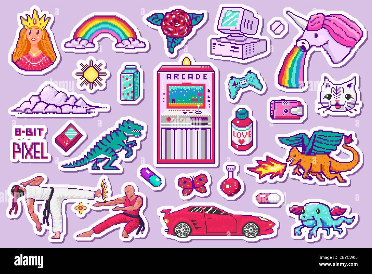 Pixel art 8 bit objects. Retro digital game assets. Set of Pink fashion ...