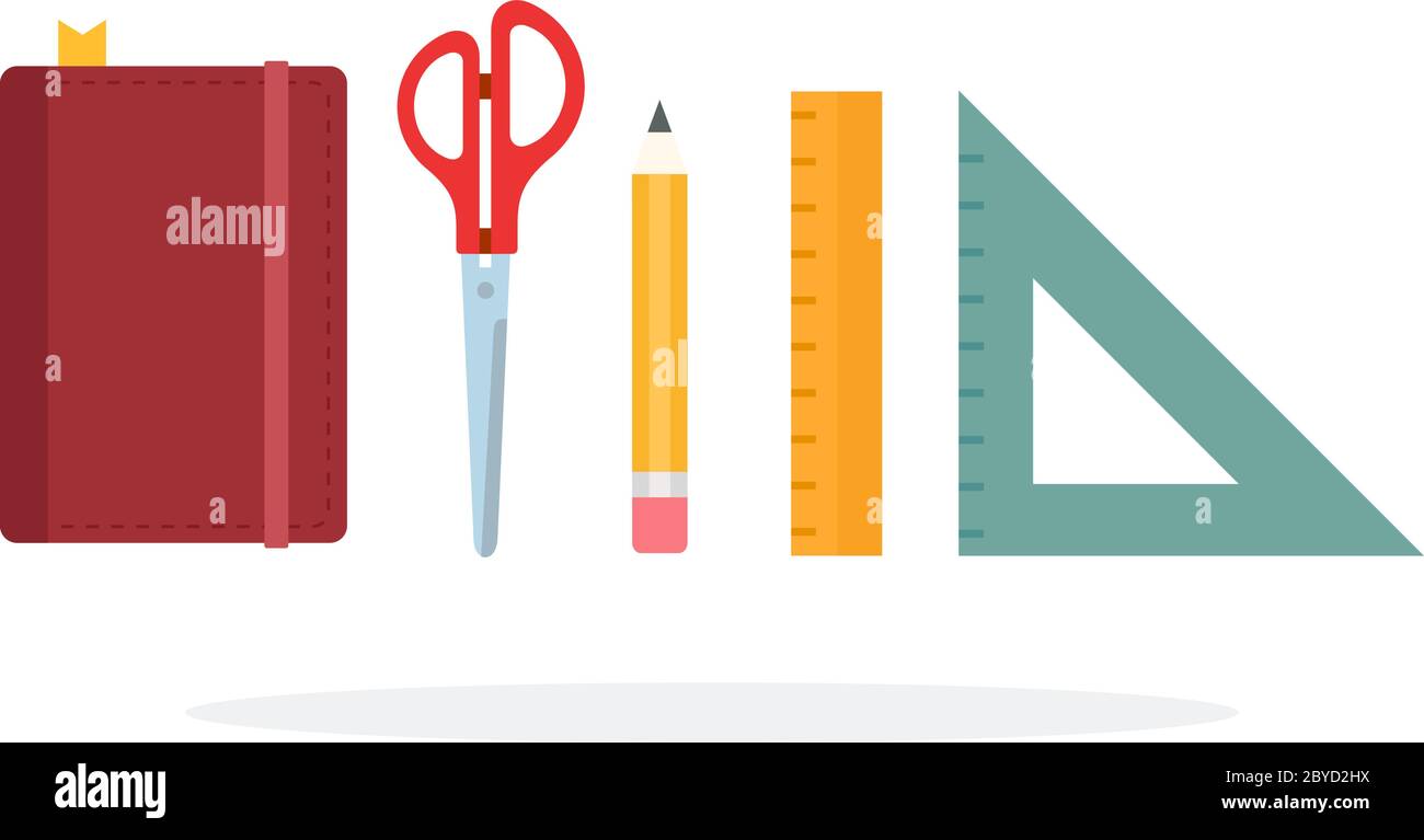 Notebook, scissors, pencil, triangular ruler and straight ruler flat ...