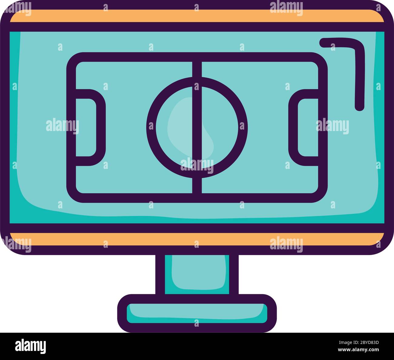 computer with soccer field on screen over white background, line color ...