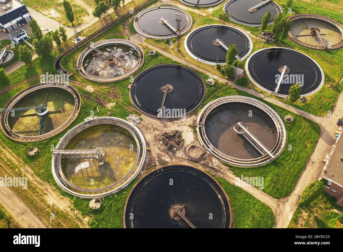 Wastewater treatment plant, round pools for filtration of dirty or ...