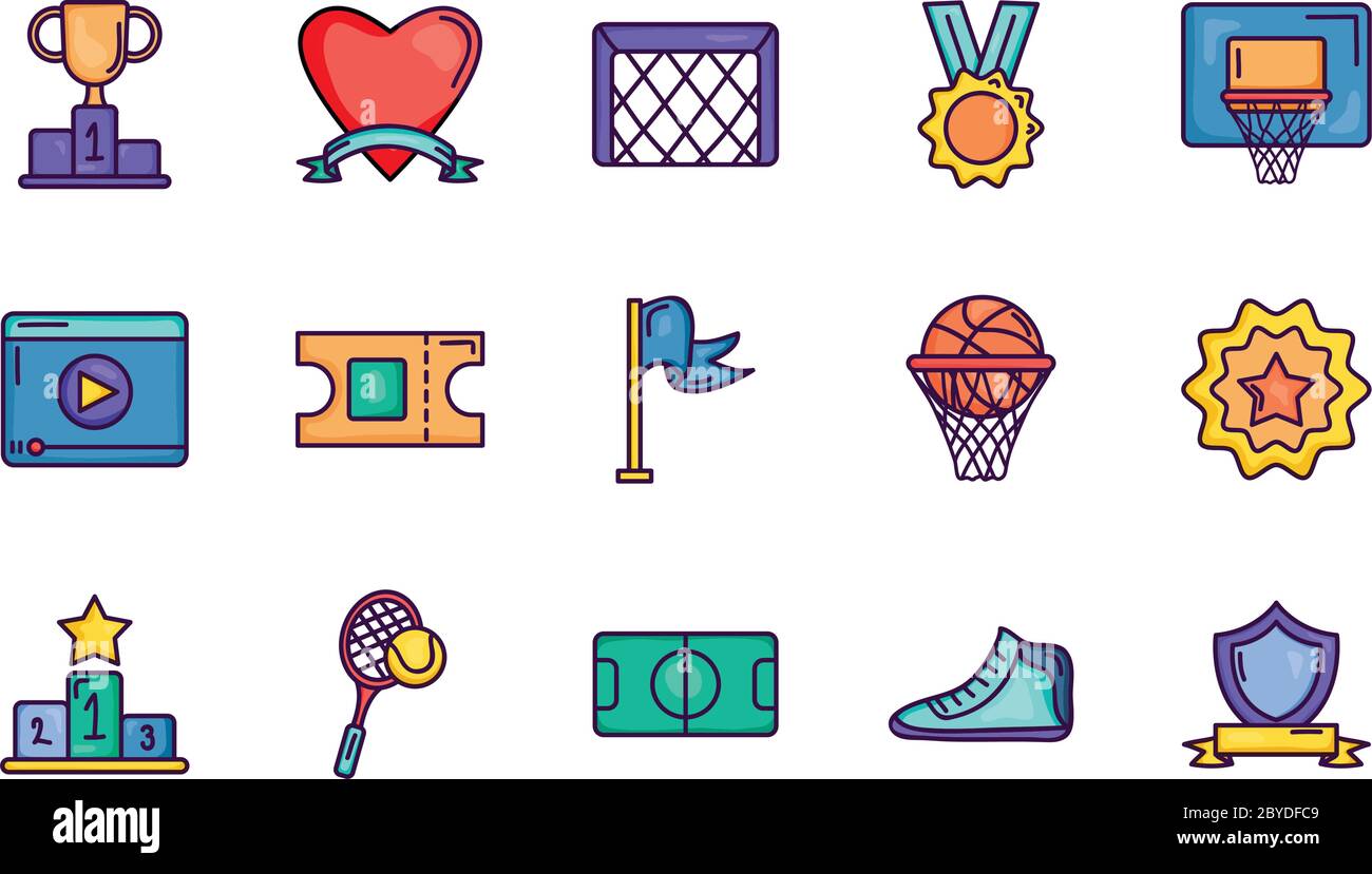 soccer field and game event icon set over white background, line color ...