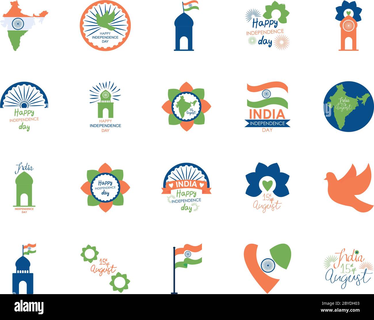 india map and India independence day icon set over white background ...