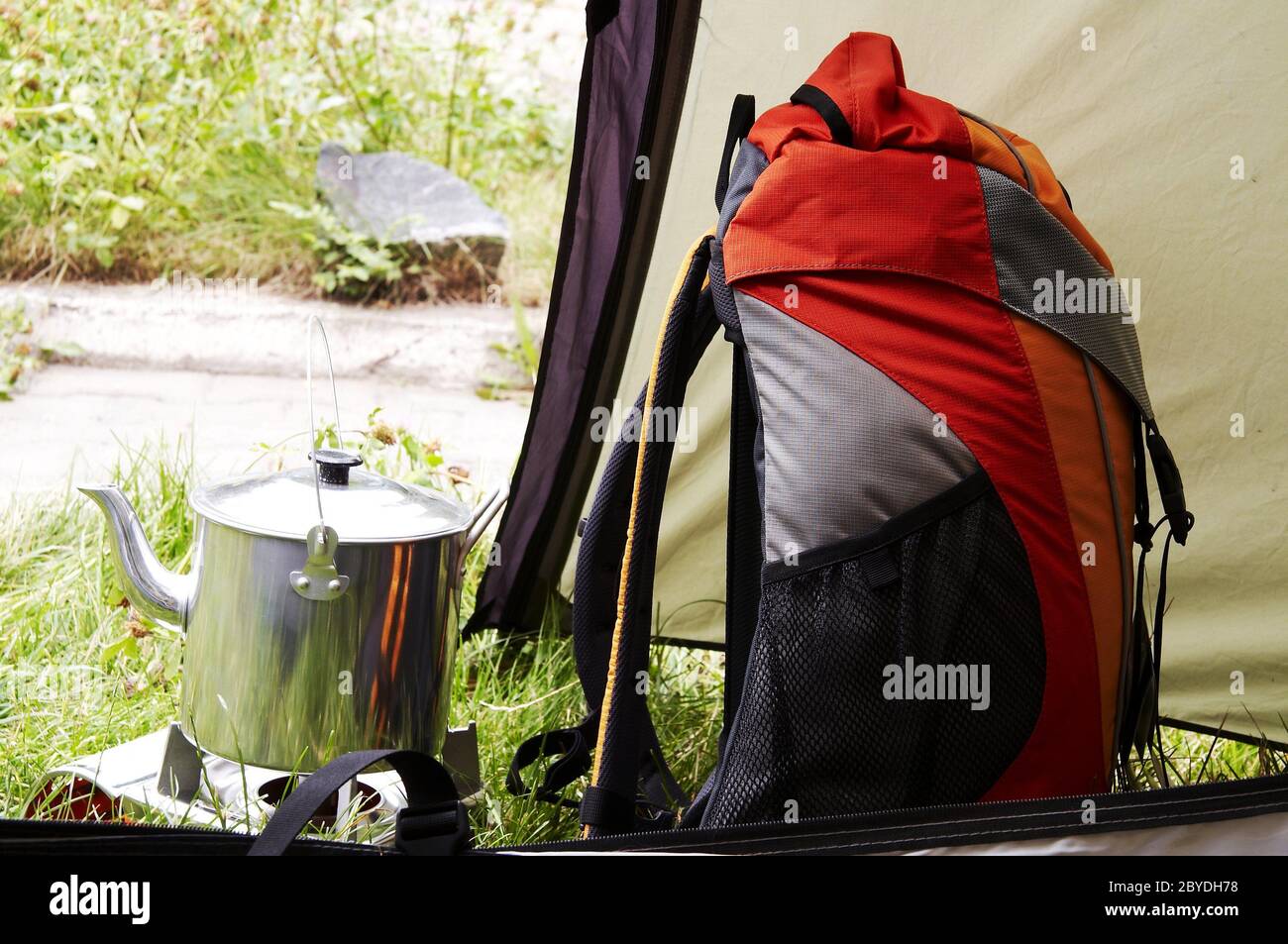 Backpack and kettle Stock Photo - Alamy