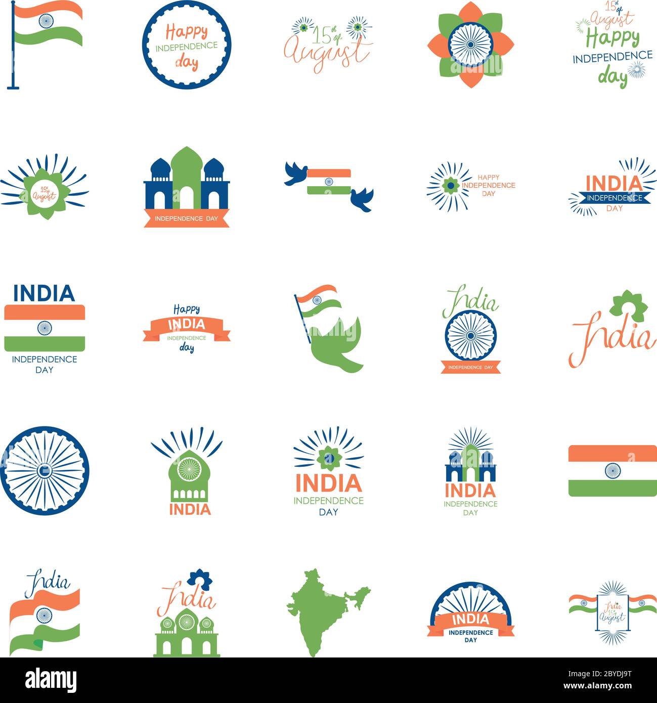 lettering designs of india independence day icon set over white ...