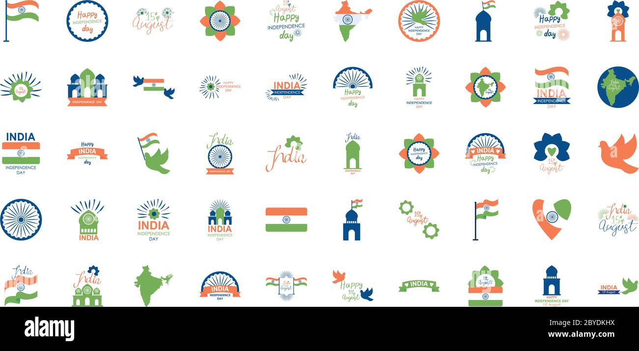 india independence day icon set over white background, flat style ...
