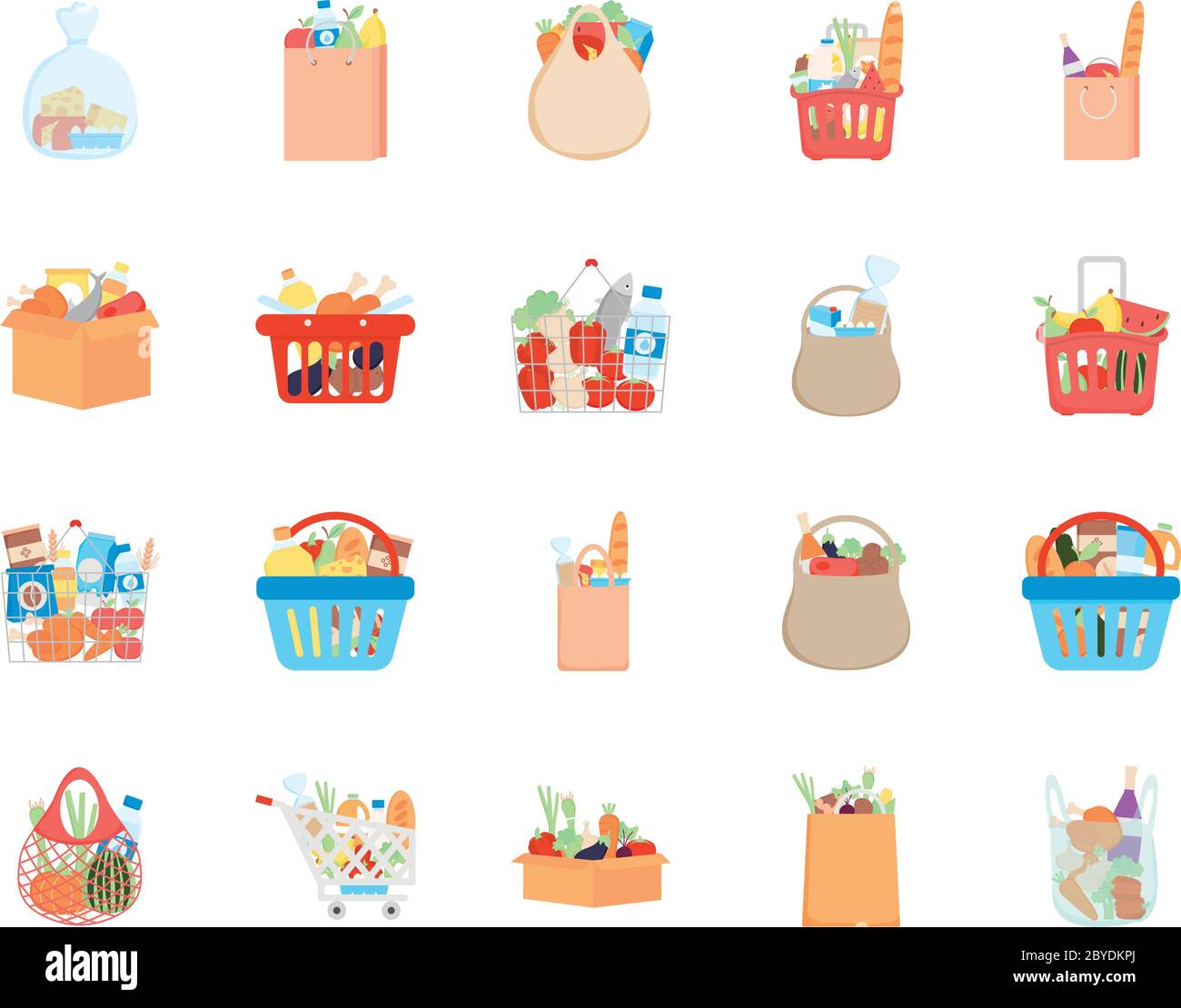 bags and shopping carts with grocery products icon set over white ...