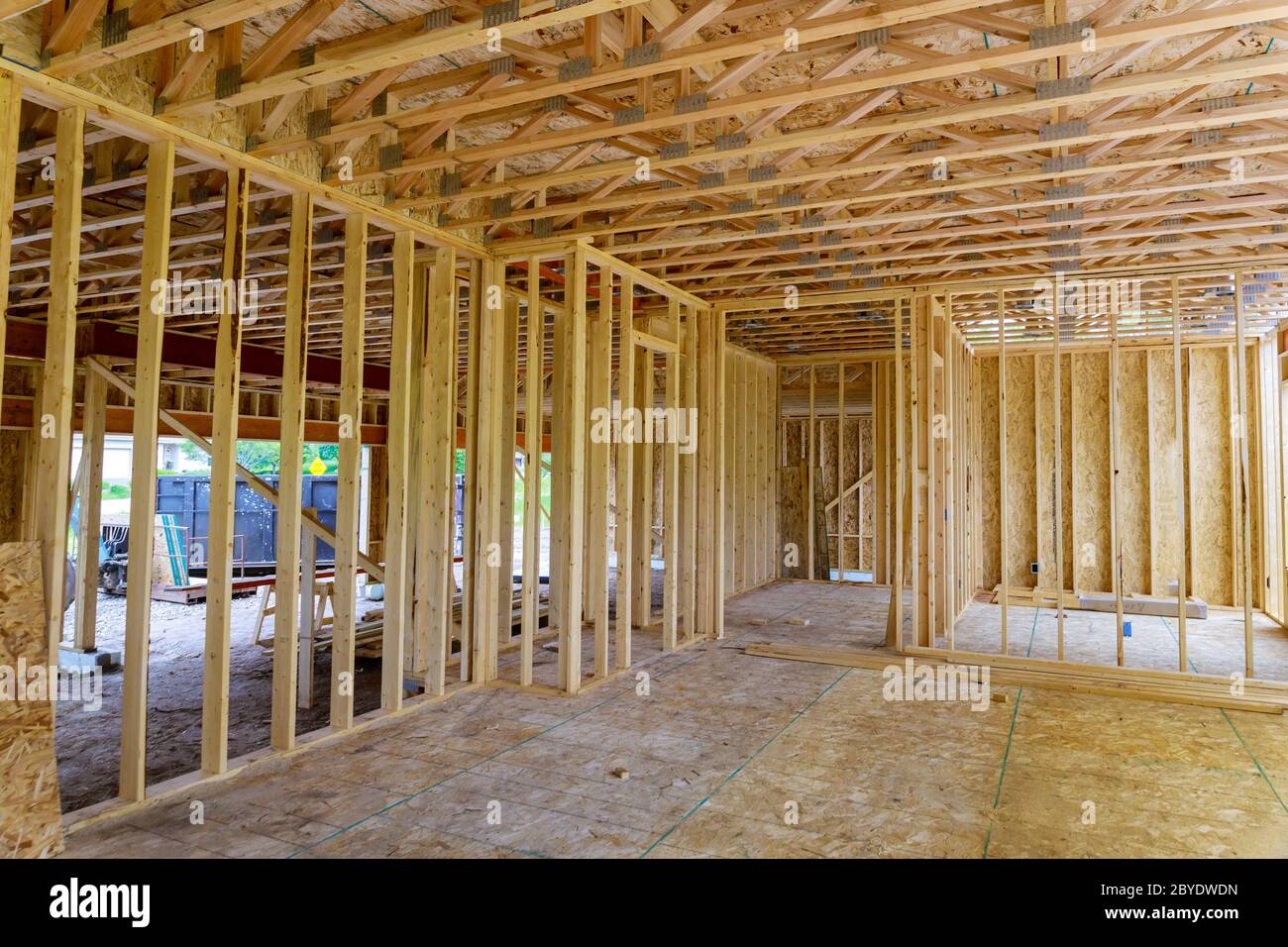 Wooden house building frame structure on a new development framing of ...