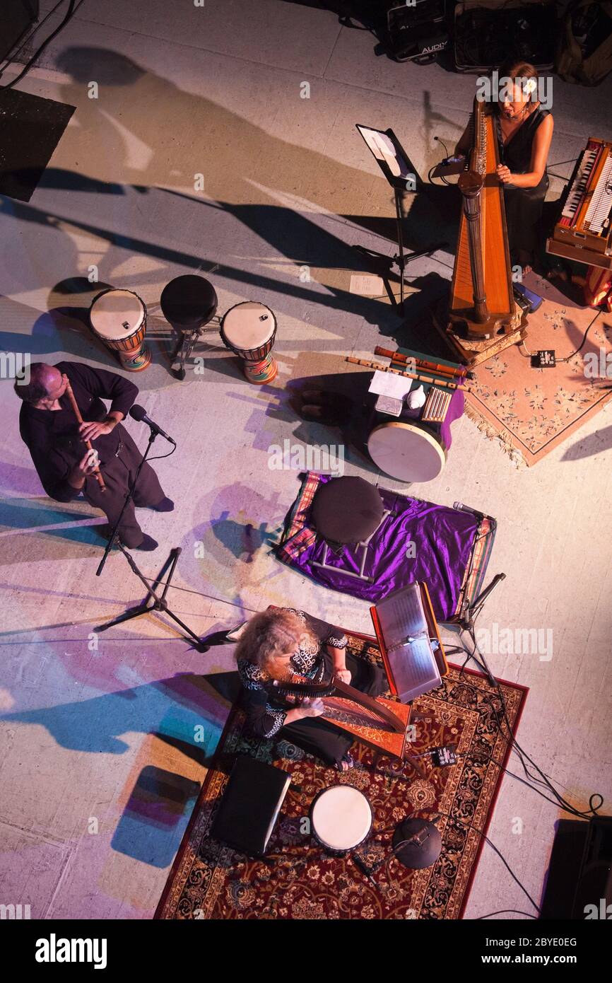Overhead view of two harps and flutist (all model released) in concert ...