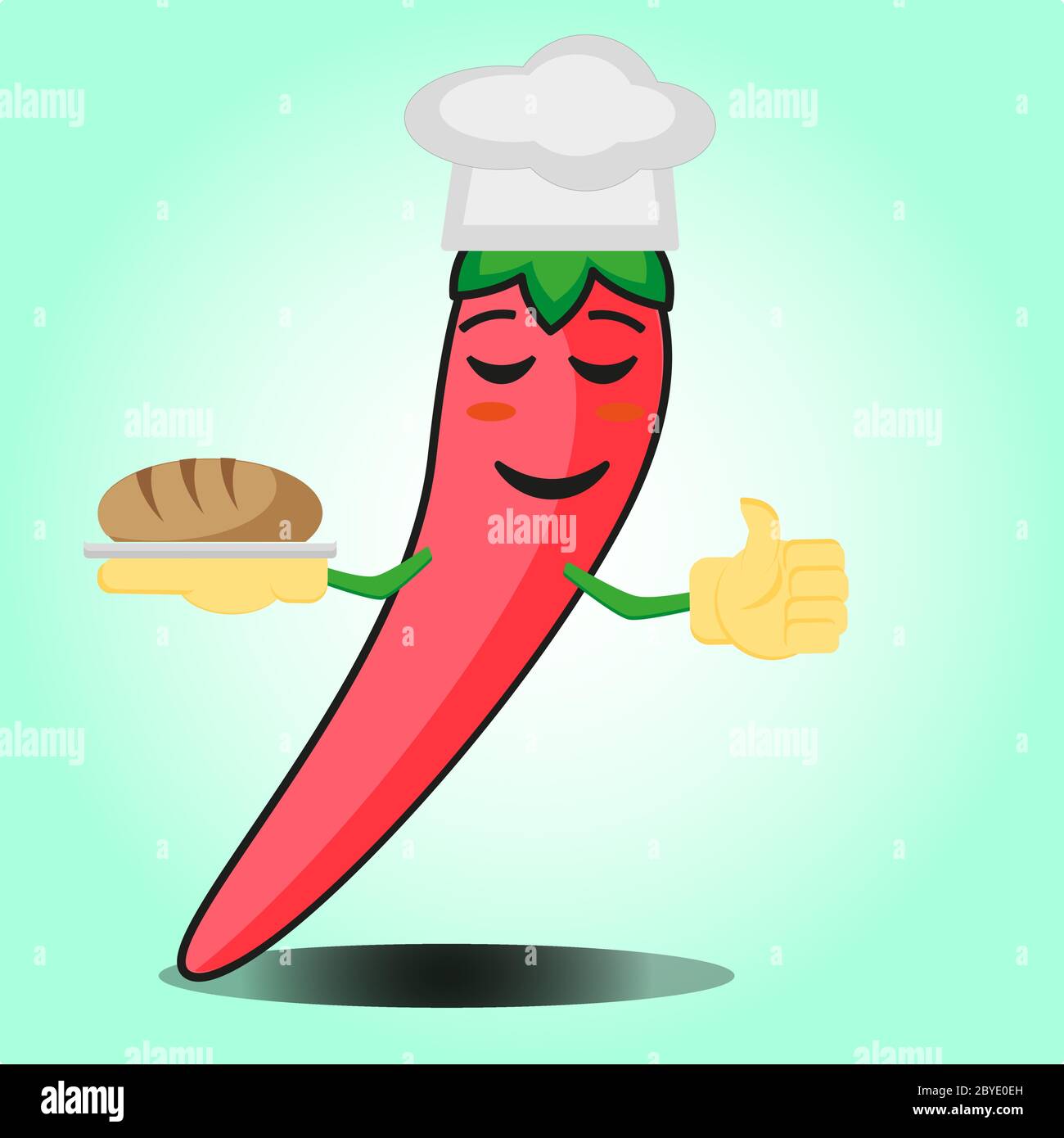 Cute mexican chili baker cartoon face character with chef hat and bread ...