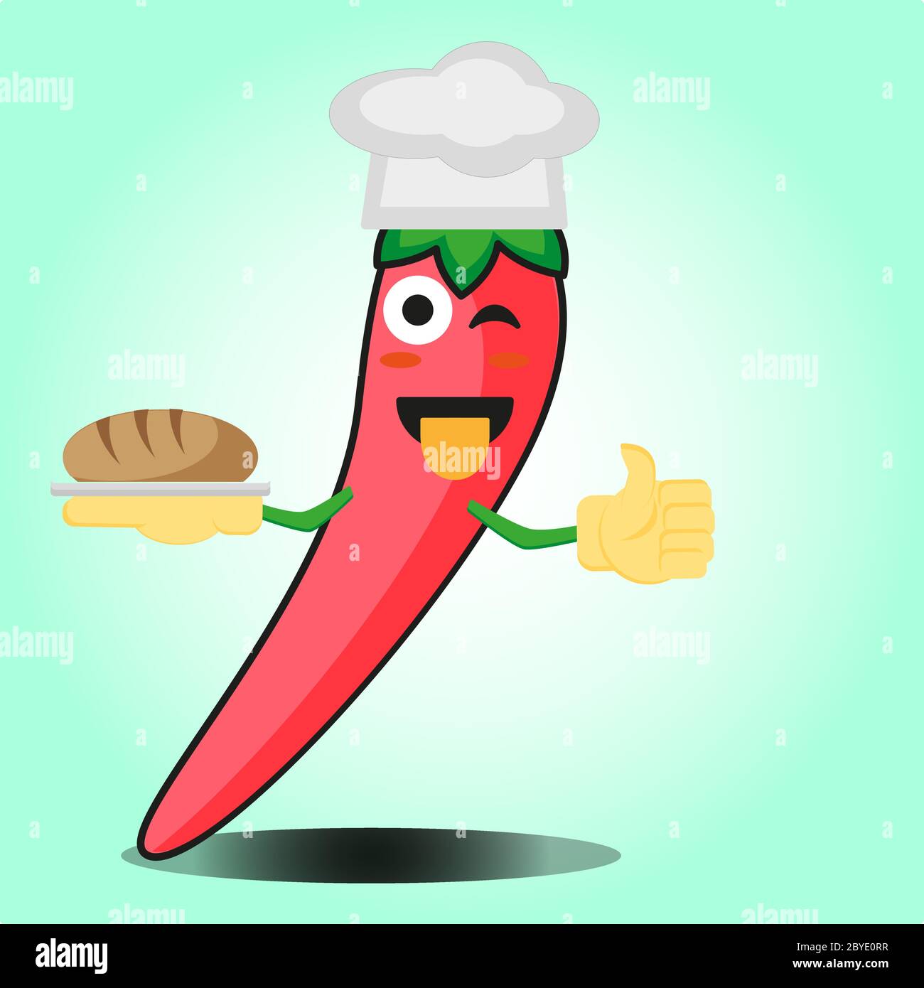 Cute mexican chili baker cartoon face character with chef hat and bread ...