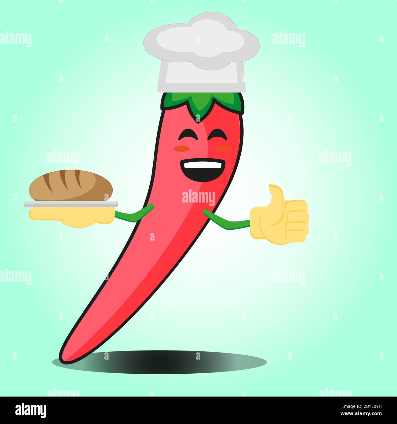 Cute mexican chili baker cartoon face character with chef hat and bread ...