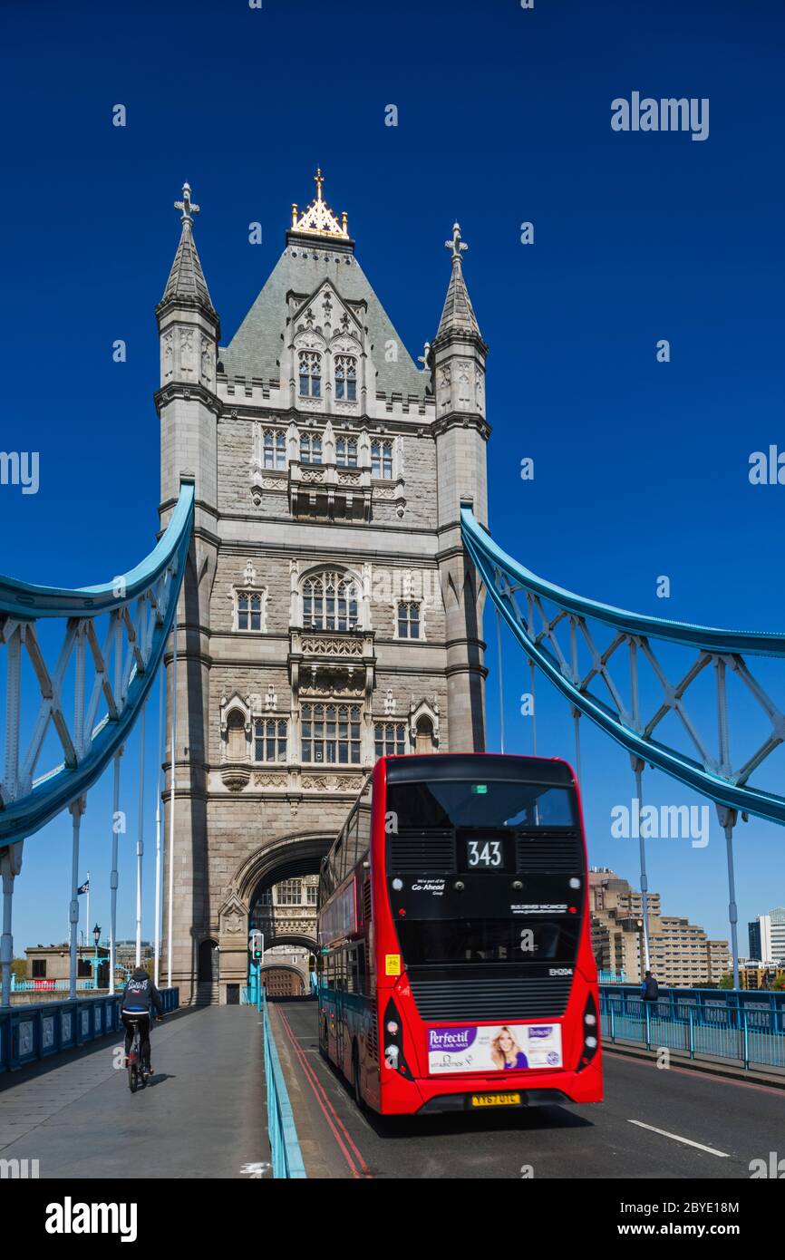 England, London, Southwark, Tower Bridge and Red Double Decker Bus ...
